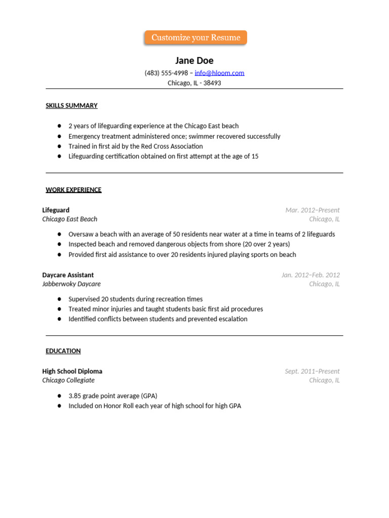Lifeguard Resume Sample | PDF