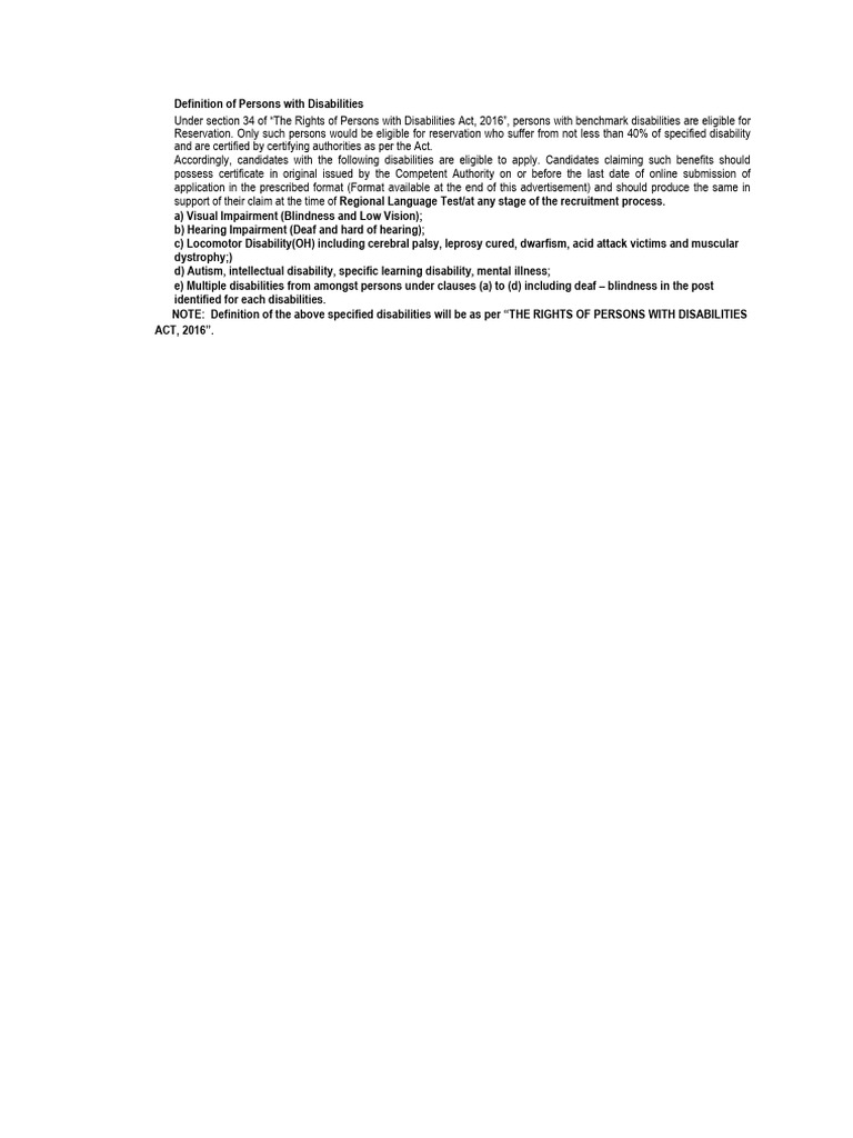 Definition of Disabilities Under 2016 Act | PDF