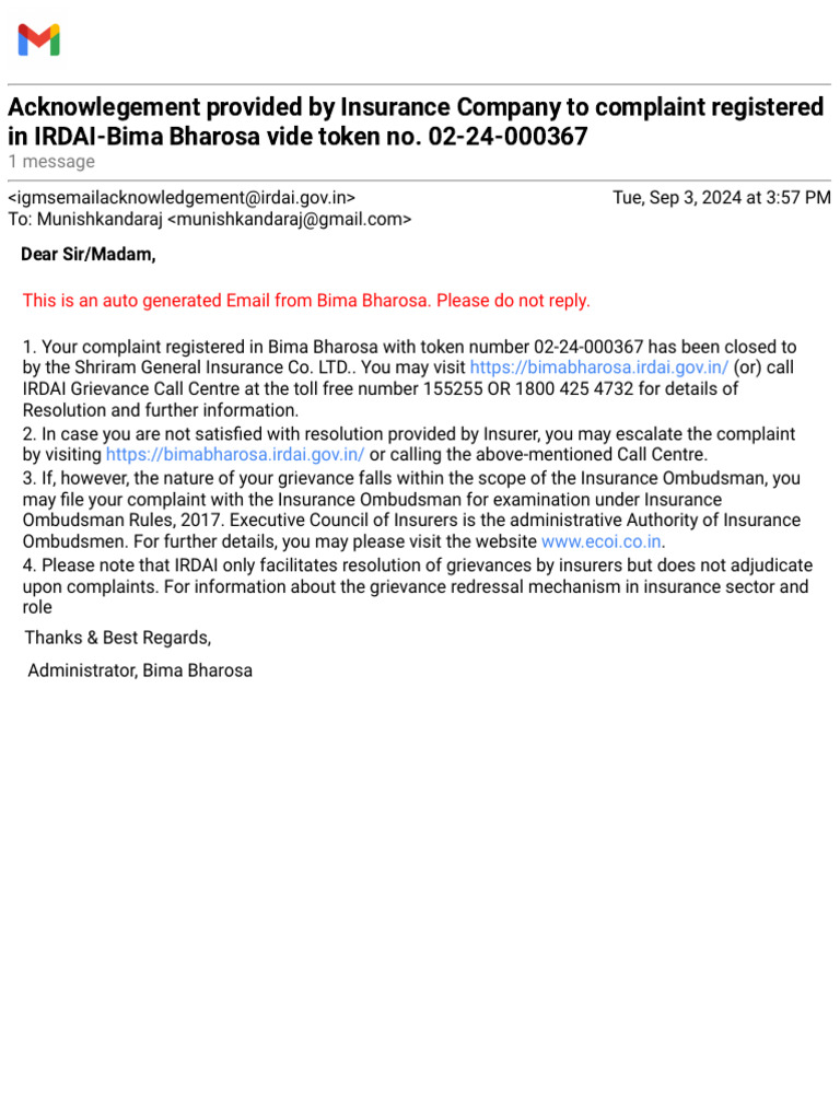 IRDAI Acknowlegement Provided by Insurance Company To Complaint ...