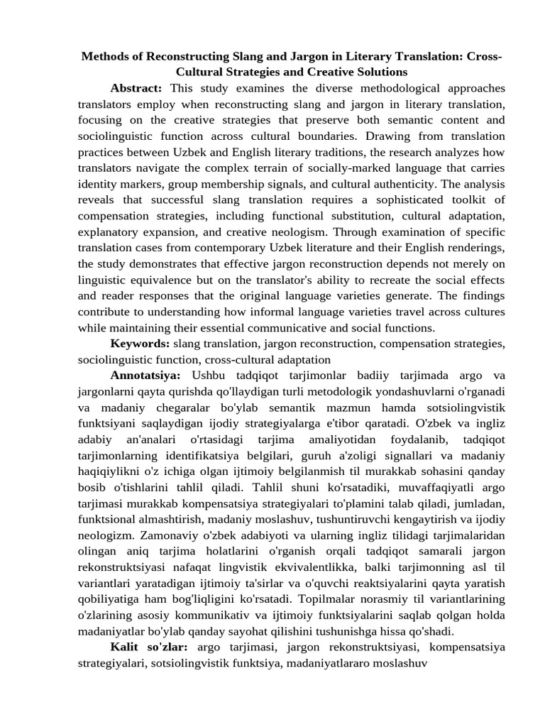Methods of Reconstructing Slang and Jargon in Literary Translation ...