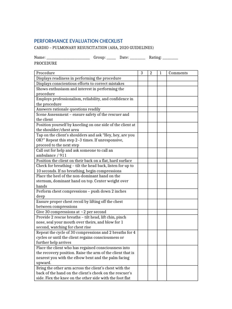 CPR Performance Evaluation Checklist | PDF | Cardiopulmonary ...