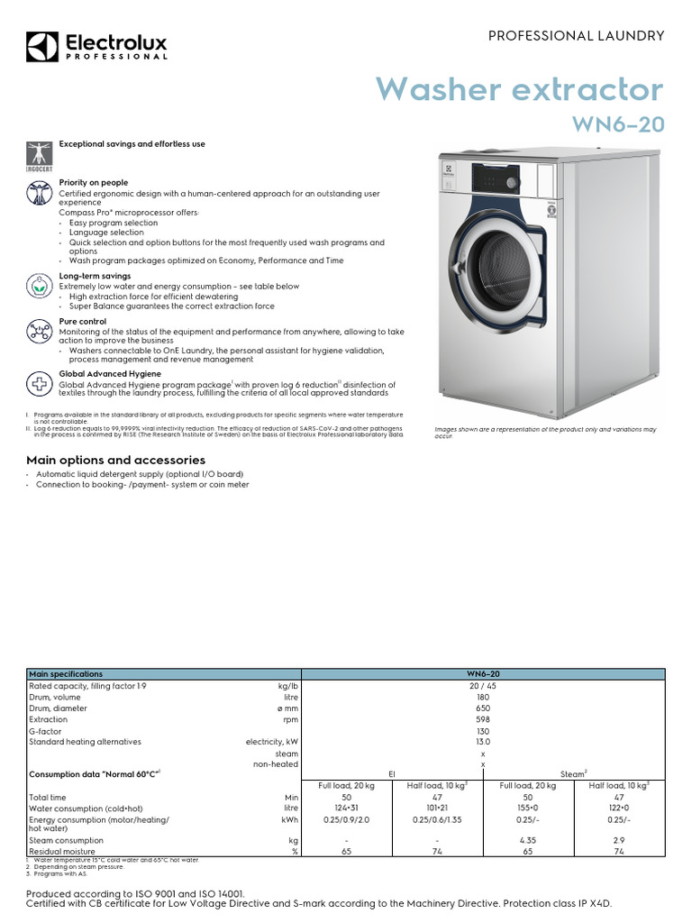 Electrolux WN6-20 Washer Specs | PDF | Washing Machine | Water Heating