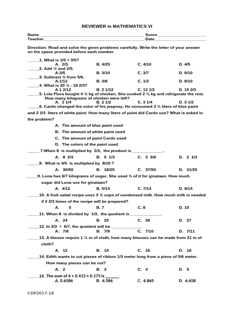 Reviewer in - Mathematics 6 - Q1 | PDF