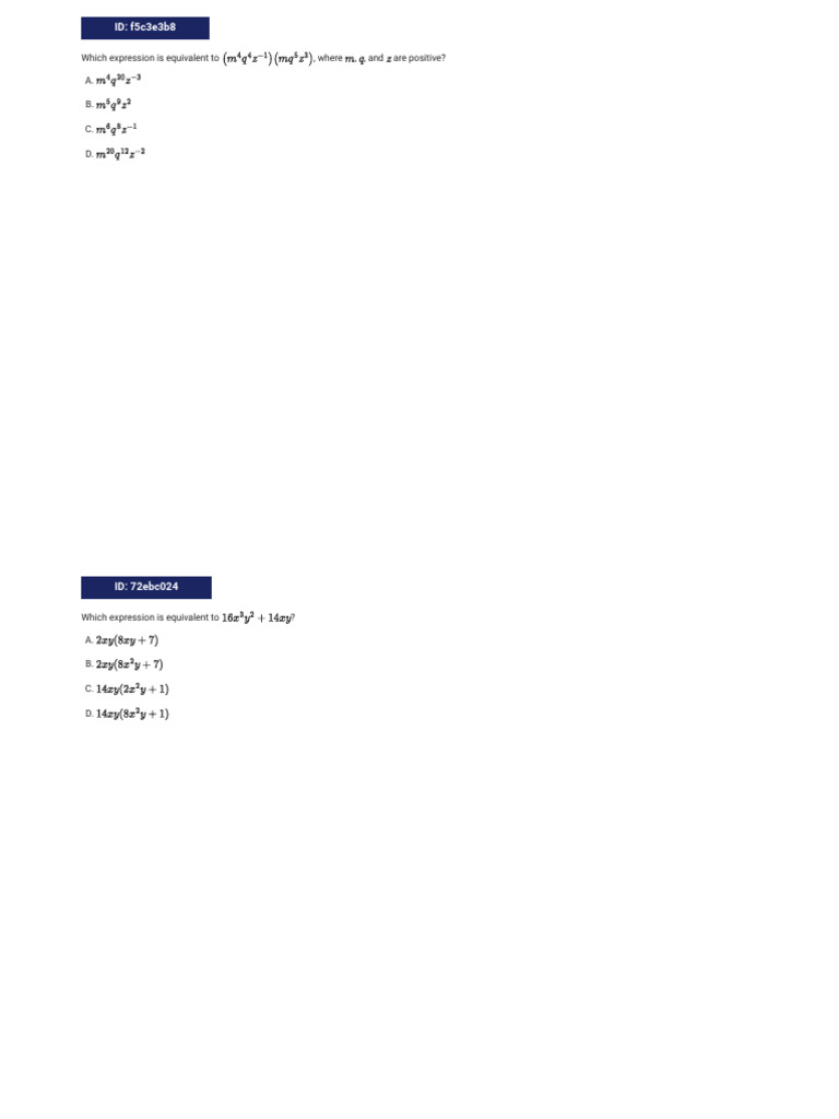 SAT - Equivalent Expression (Easy) | PDF | Algebra | Mathematics