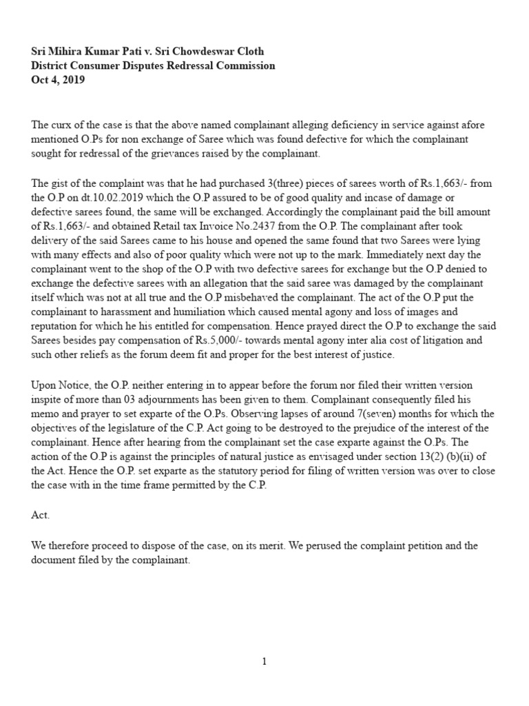 Sri Mihira Kumar Pati v. Sri Chowdeswar Cloth | PDF | Receipt | Common Law