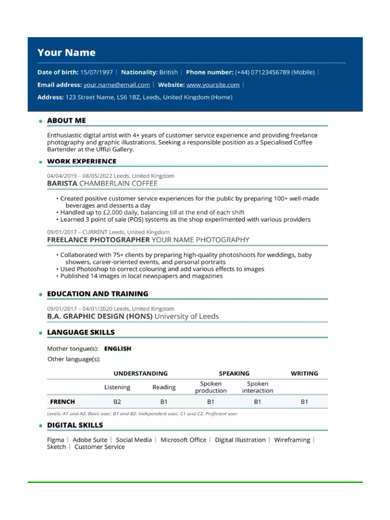 Europass CV Example Turquoise | PDF