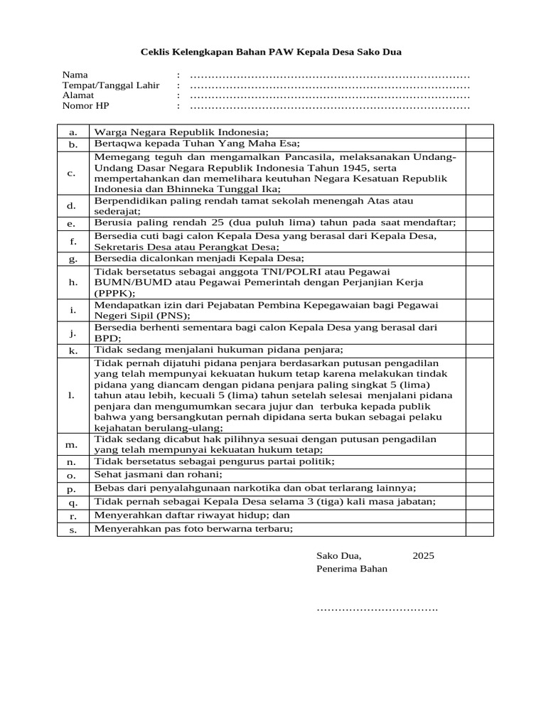 Ceklis Bahan PAW Kepala Desa | PDF