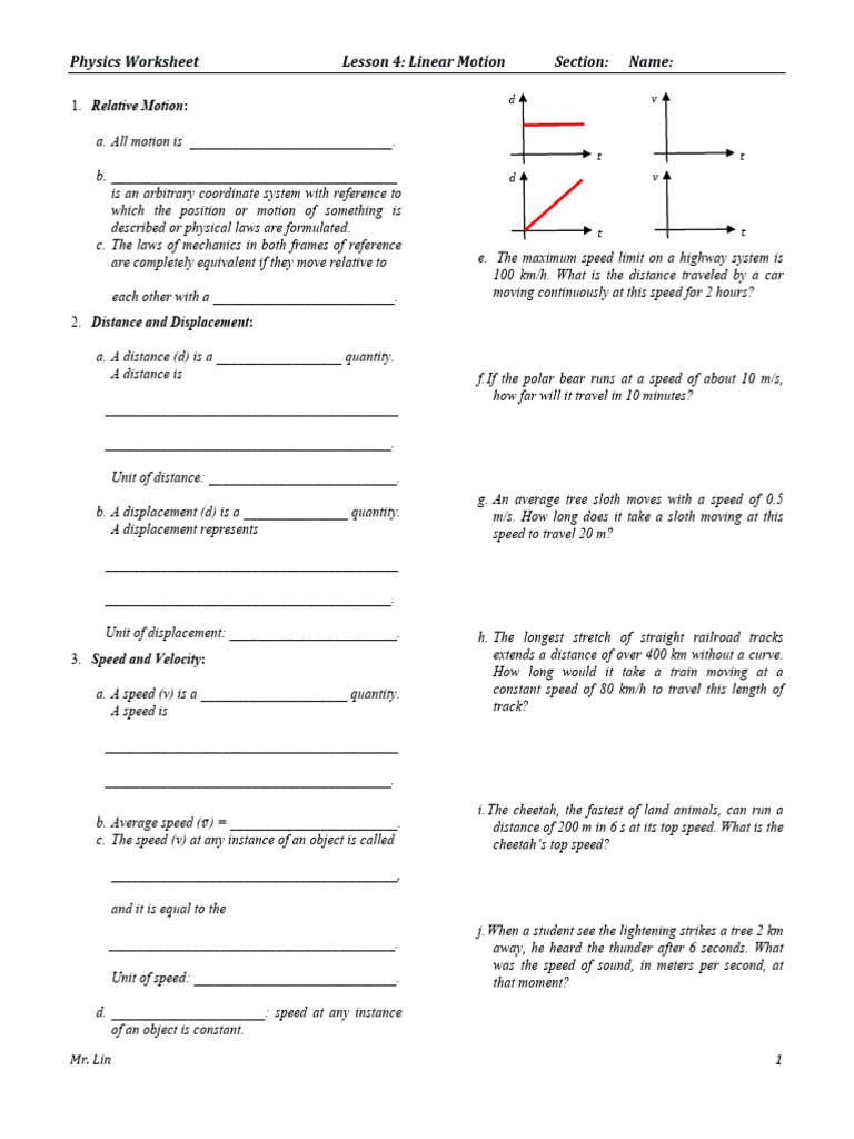 Physics Worksheet Lesson 4 Linear Motion | PDF | Acceleration | Velocity