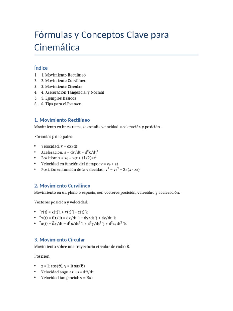 Formulas y Conceptos Cinematica | PDF | Aceleración | Velocidad