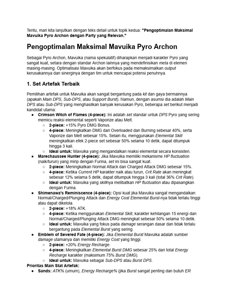 Pengoptimalan Maksimal Mavuika Pyro Archon dengan Party yang Relevan. | PDF
