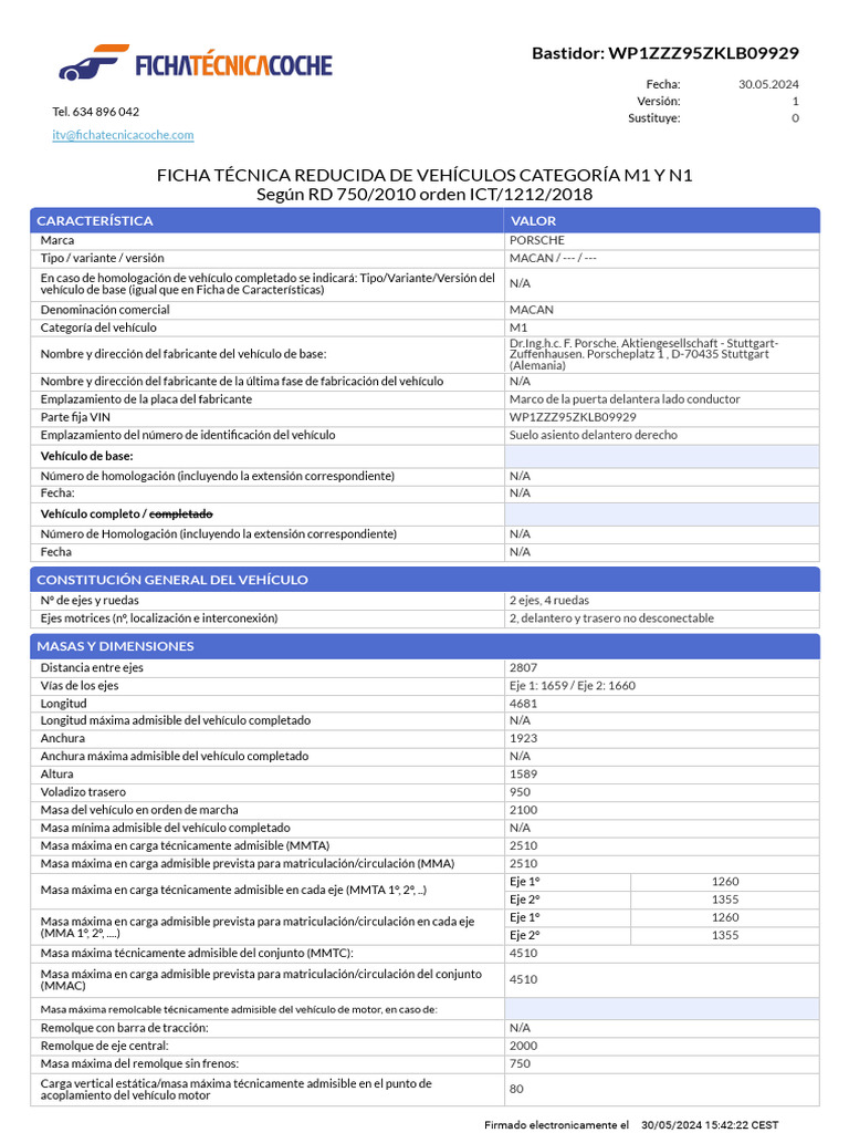 Ficha Reducida Porsche Macan Wp1zzz95zklb09929 1 Signed | PDF | Eje | Motores