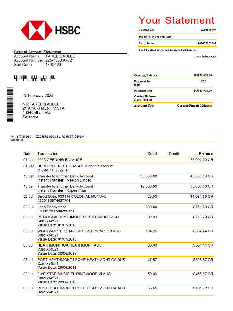 HSBC Current Account Statement | PDF | Debits And Credits | Banking ...
