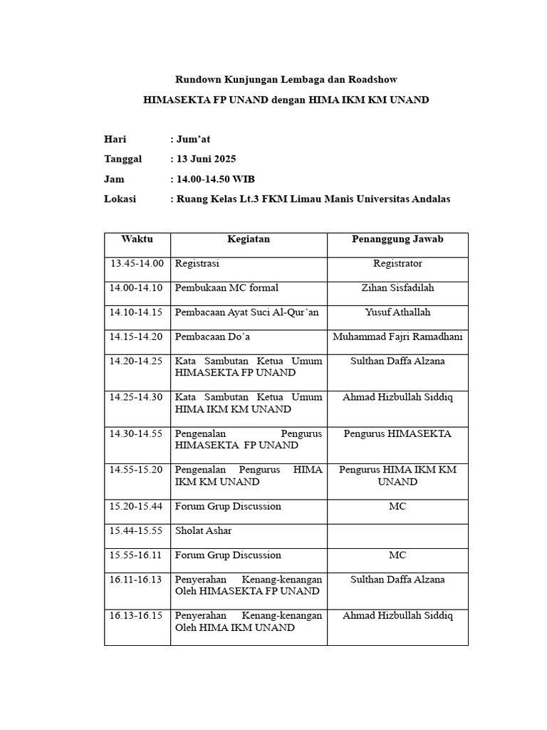 Rundown Kunjungan Lembaga Dan Roadshow-1 | PDF