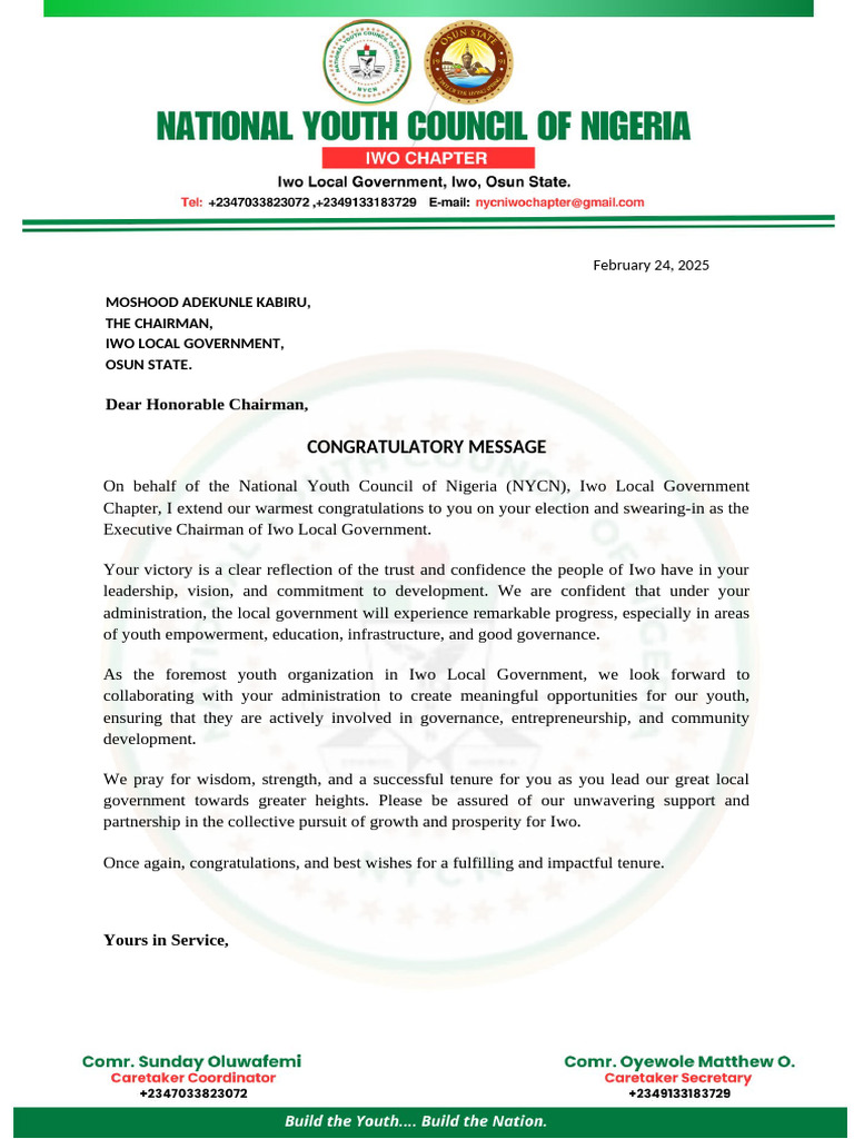 Congratulatory Message On Your Election and Swearing | PDF