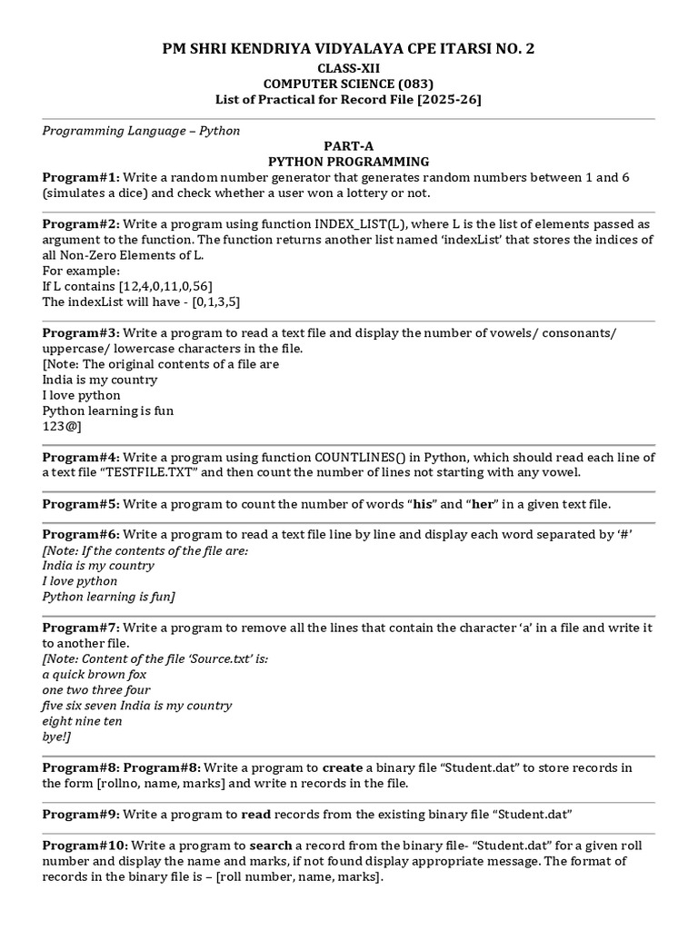 Class Xii Cs Practical List For Record File 2025-26 | PDF | My Sql | Databases