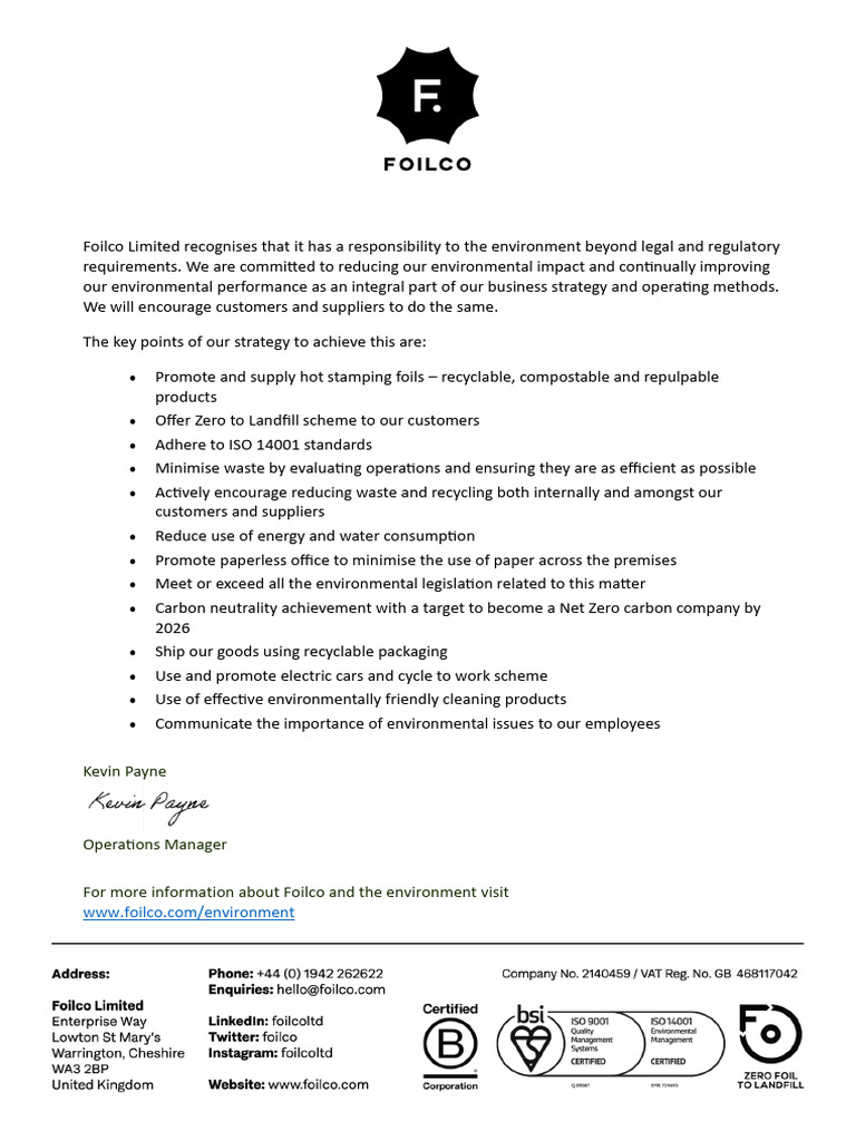 Foilco's Environmental Commitment Strategy | PDF