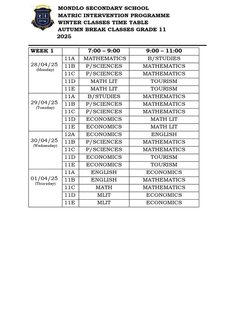 Autumn Break Classes Time Table Grade 11 | PDF