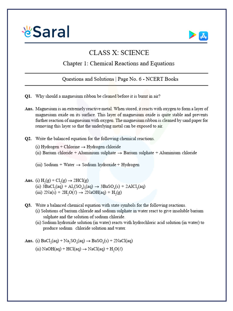 NCERT Solutions Class 10 Science Chapter 1 Chemical Reaction and ...
