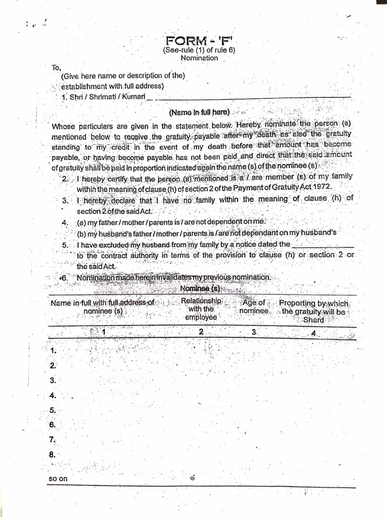 Gratuity Nomination Form F Instructions | PDF