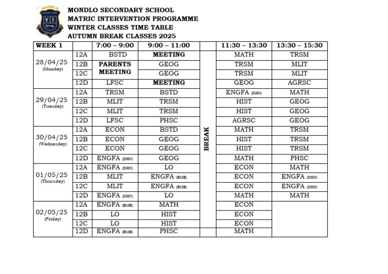 Autumn Break Classes Time Table 2025 | PDF