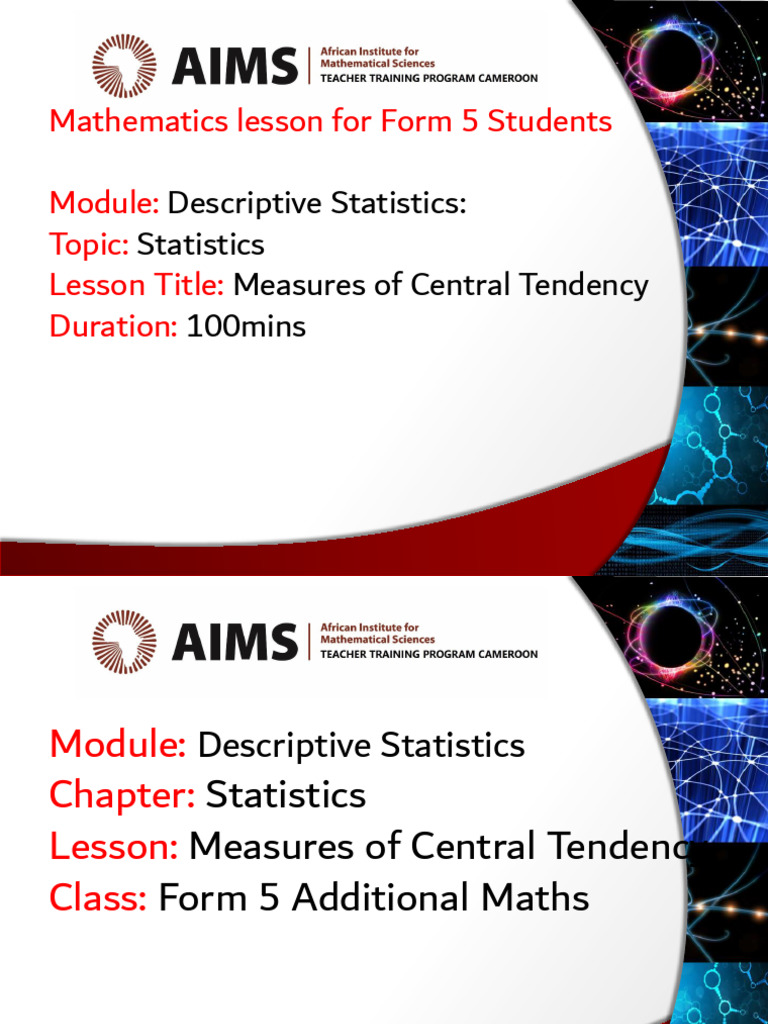 Form 5 Statistics: Central Tendency Lesson | PDF | Mode (Statistics) | Mean