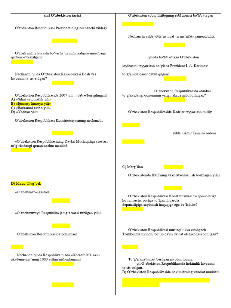 11-Sinf O'zb - Tarixi DTM-2019 (Javobi) | PDF