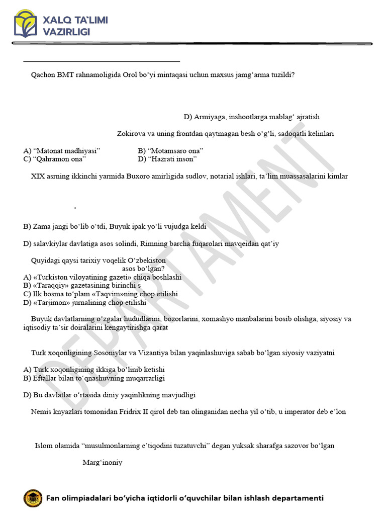 11 Tarix Savollar UZB 11 | PDF