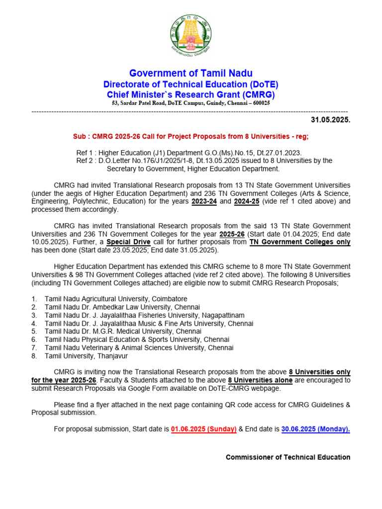 CMRG 2025-26 Proposal Call for TN Universities | PDF