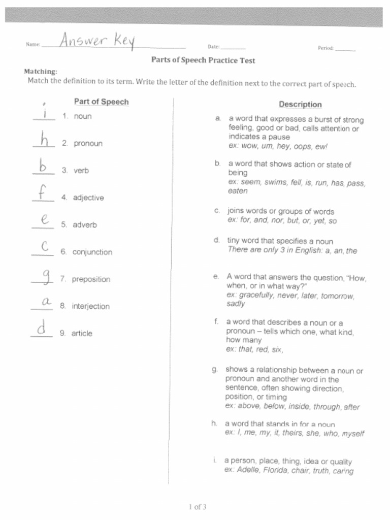 Answer Key For Practice Text On Parts of Speech | PDF