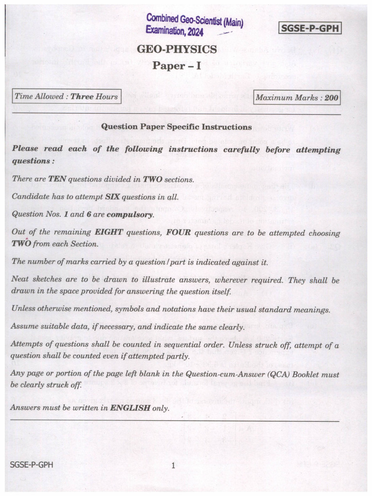 QP Cgsmain 24 Geo Physics Paper I 240624 | PDF