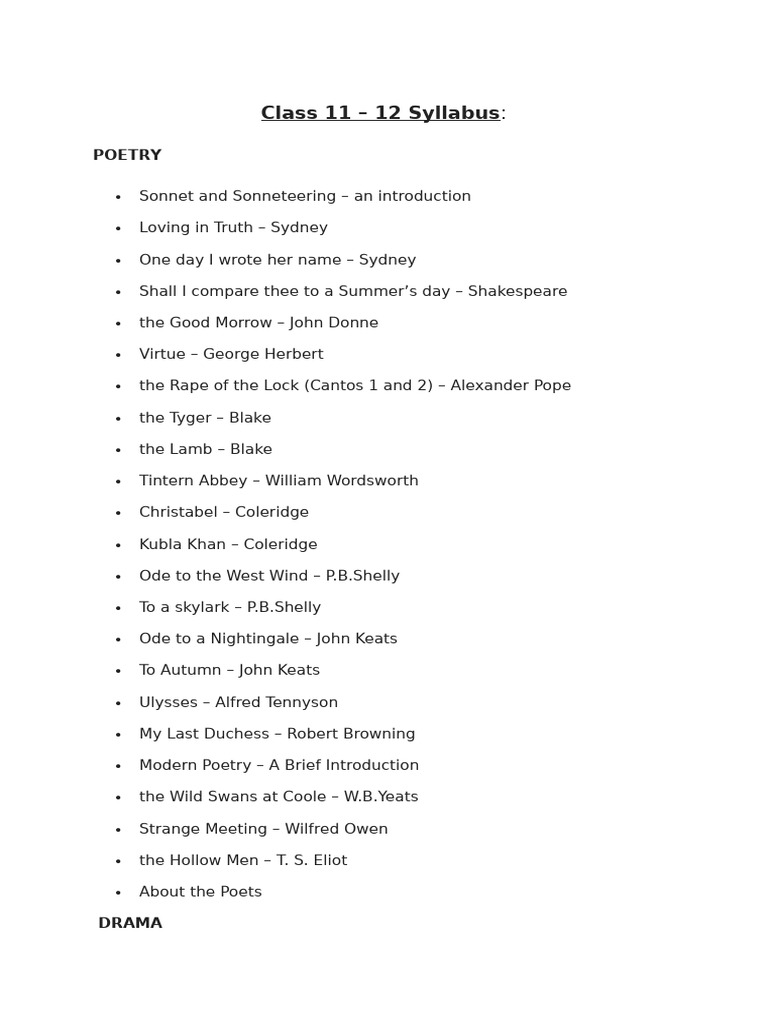 Class 11 - 12 Syllabus: Poetry | PDF