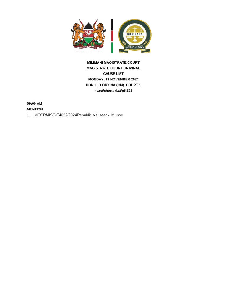 Chief Magistrates Court (Milimani Law Courts) Criminal Division Weekly ...