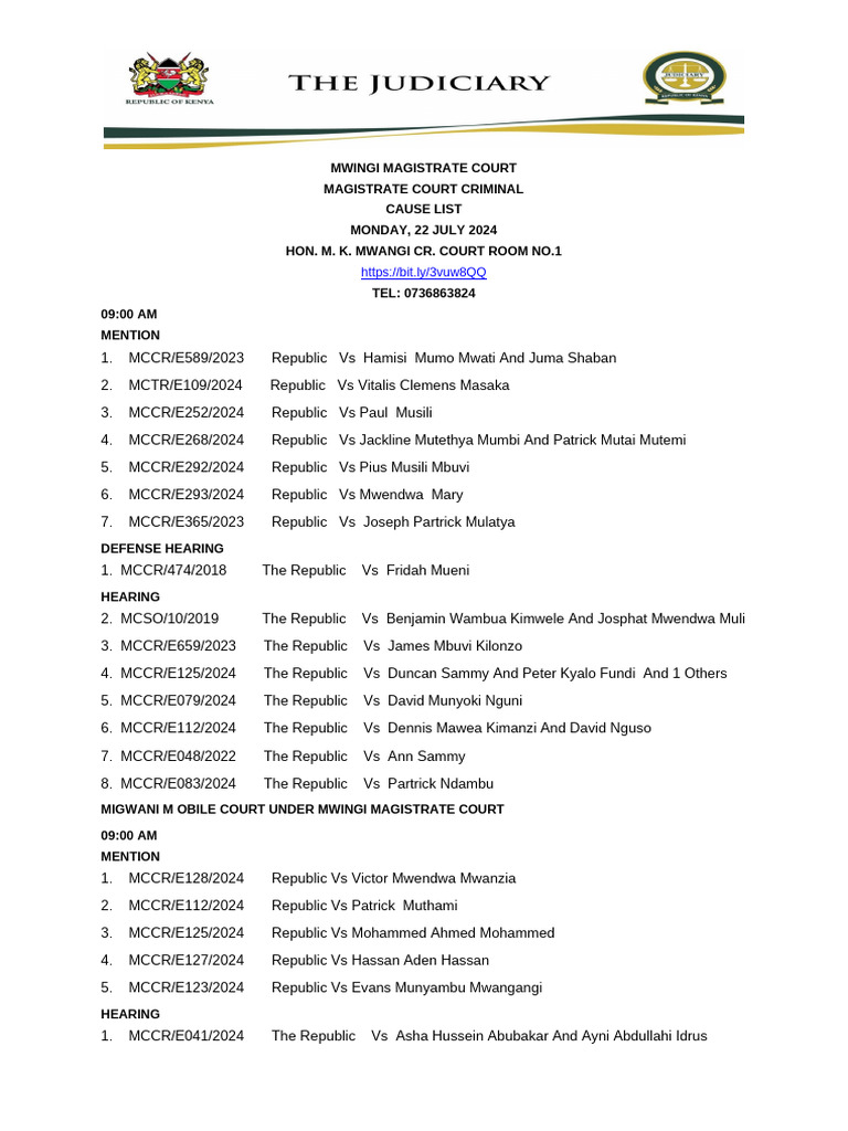 Mwingi Magistrate Court Criminal Cause List From 22nd July To 26th July ...