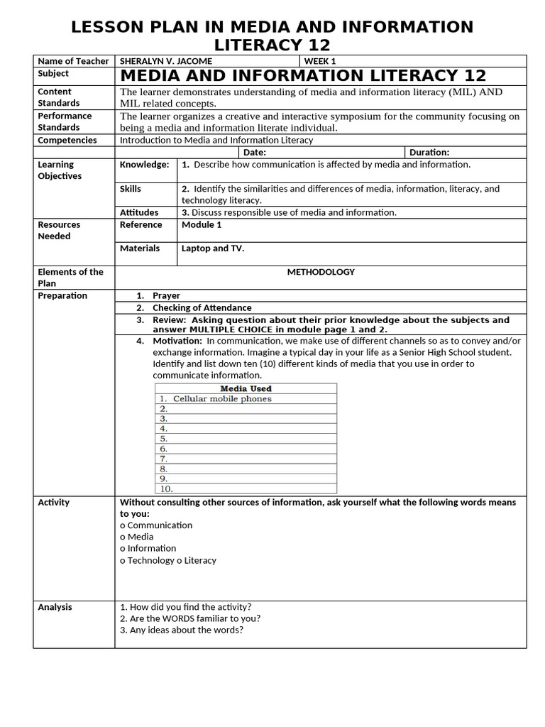 Media and Information Literacy Lesson Plan | PDF | Information Literacy ...