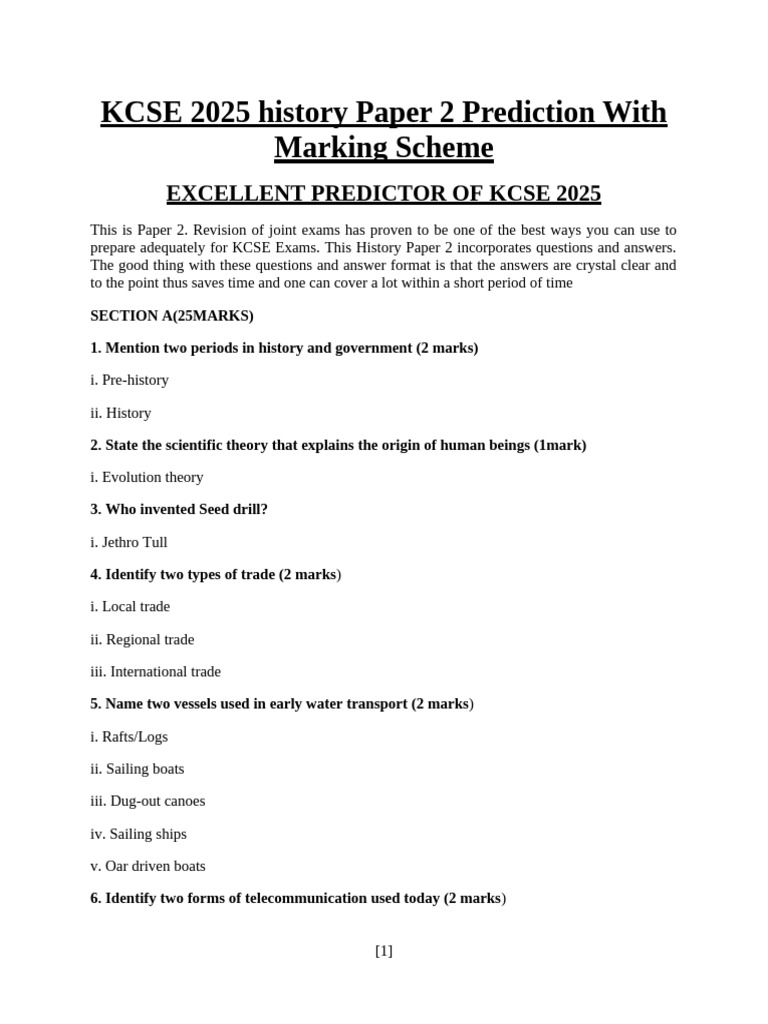 KCSE 2025 History Paper 2 Prediction With Marking Scheme | PDF ...