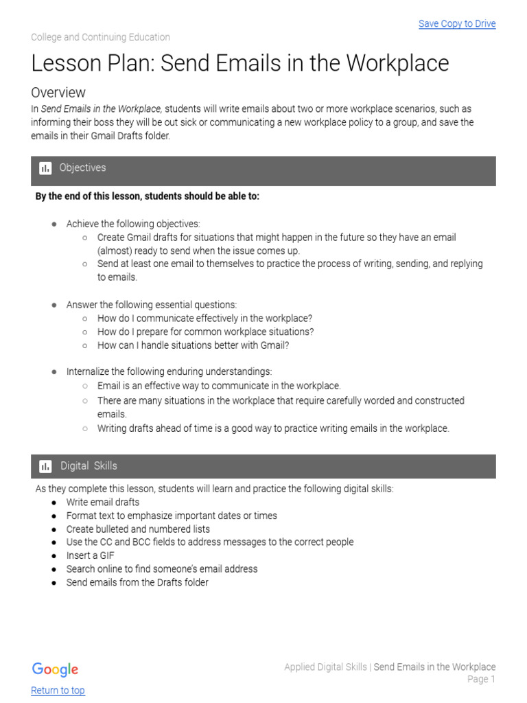 Lesson Plan - Send Emails in The Workplace | PDF | Gmail | Human ...