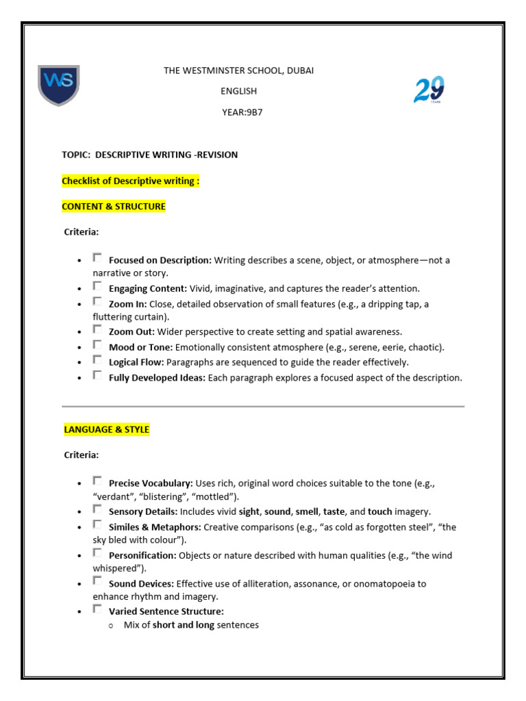 Descriptive Writing Revision Guide | PDF | Syntax | Linguistics