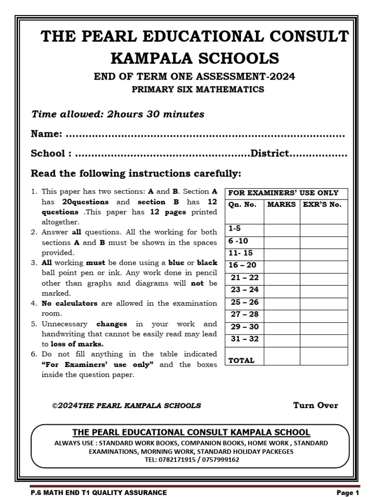 1 The Pearl p.6 MTC Eot 1 2024 | PDF | Mathematics | Arithmetic