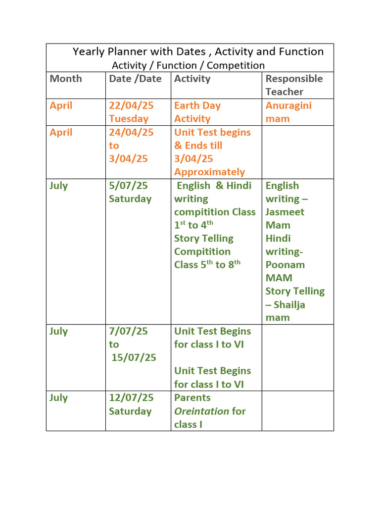 School Yearly Activity Planner 2025-26 | PDF