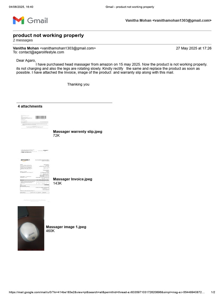 Gmail - Product Not Working Properly | PDF