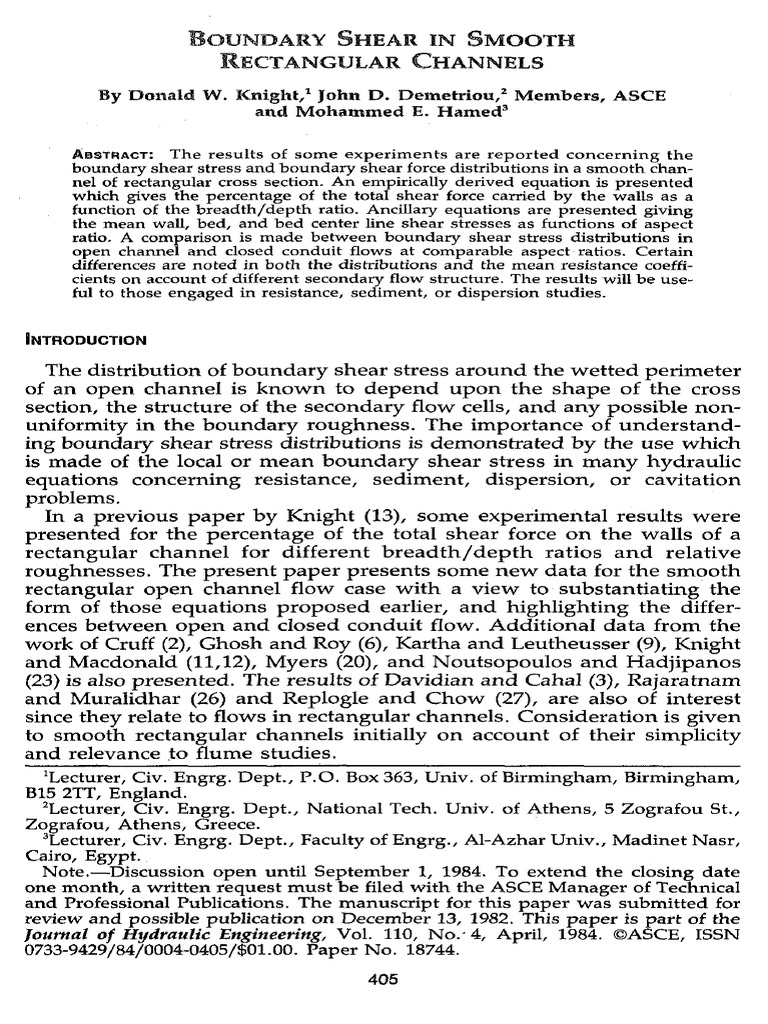 Boundary Shear in Rectangular Channels | PDF | Shear Stress | Stress ...