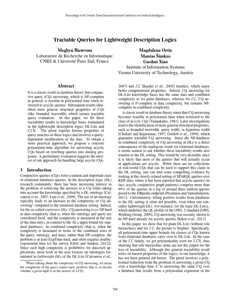 Tractable Queries For Lightweight Description Logics | PDF | Theoretical Computer Science ...