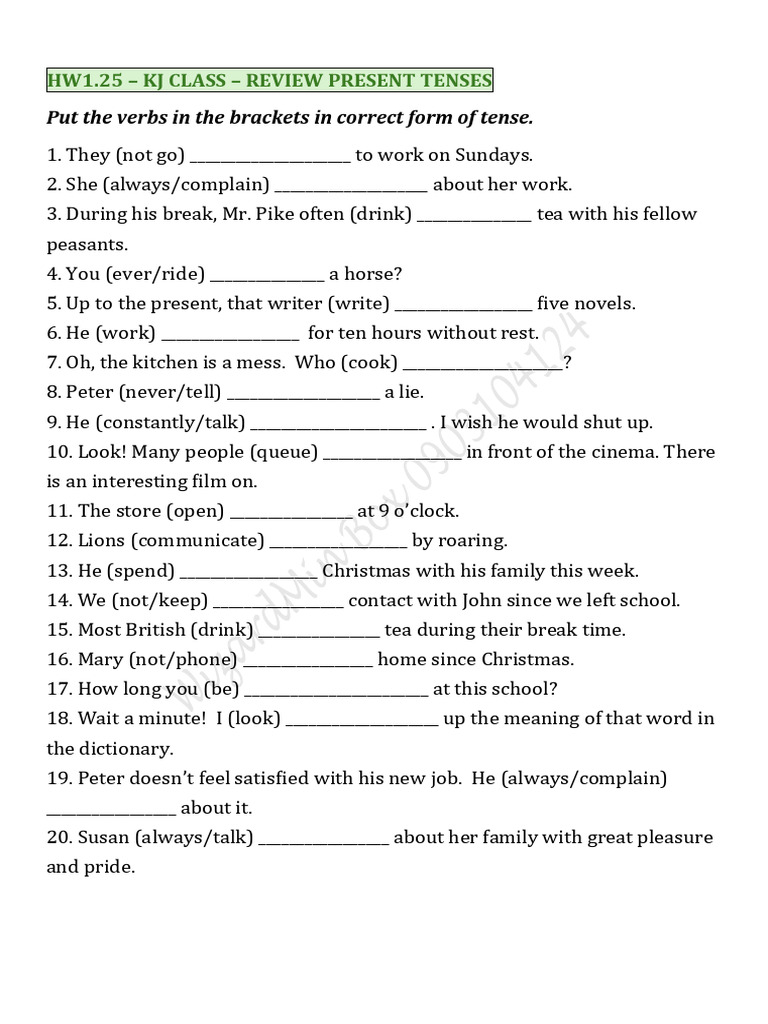 HW1.25 Review Present Tenses KJ | PDF