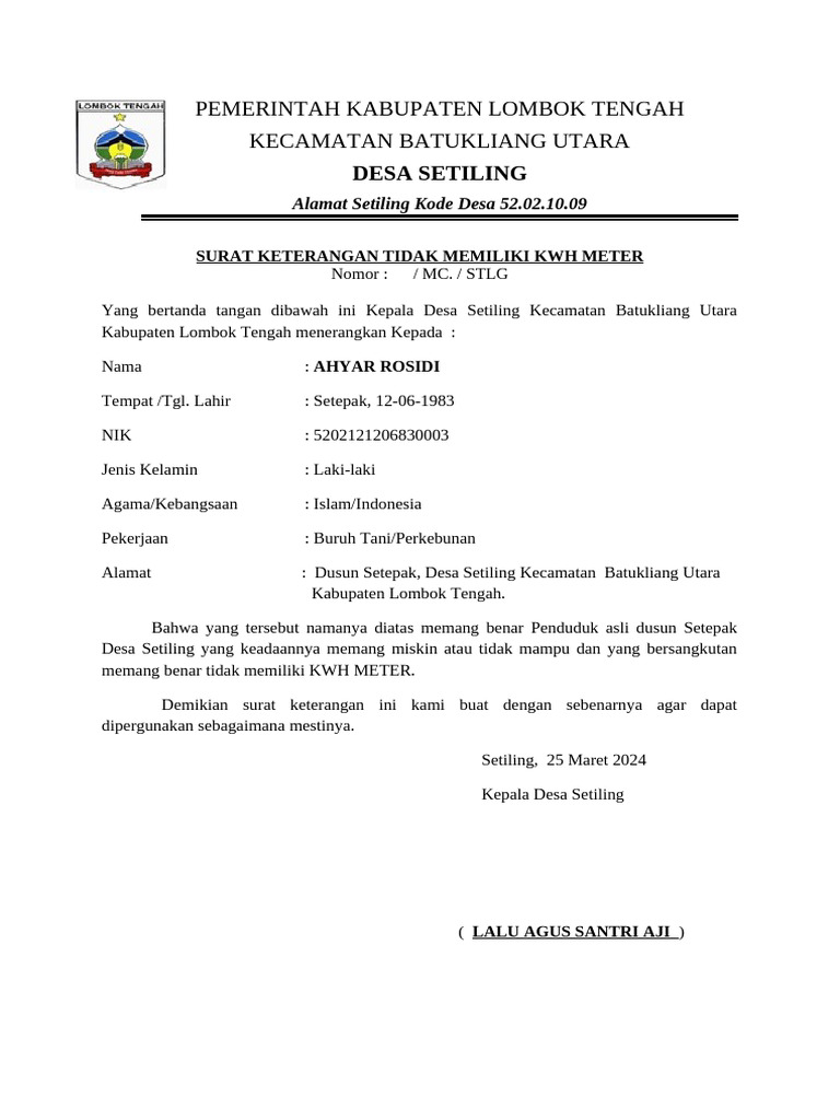 Surat Keterangan Tanpa KWH Meter Setiling | PDF