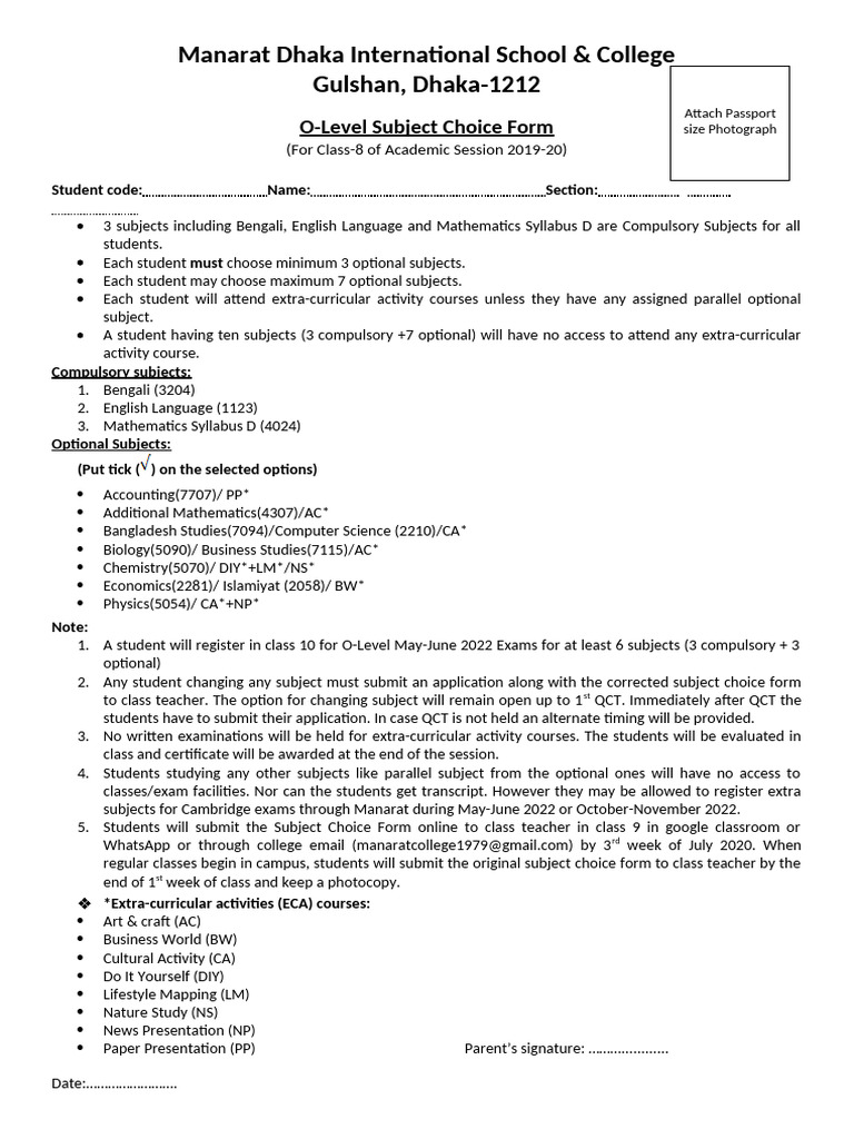 Subject Choice Form of Class 8 Doc Manarat26202020120816PM | PDF ...