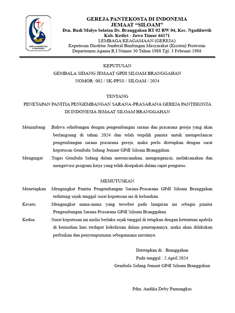 SK Pembentukan Panitia Pengembangan Sarpras GPdI Siloam 2024 | PDF