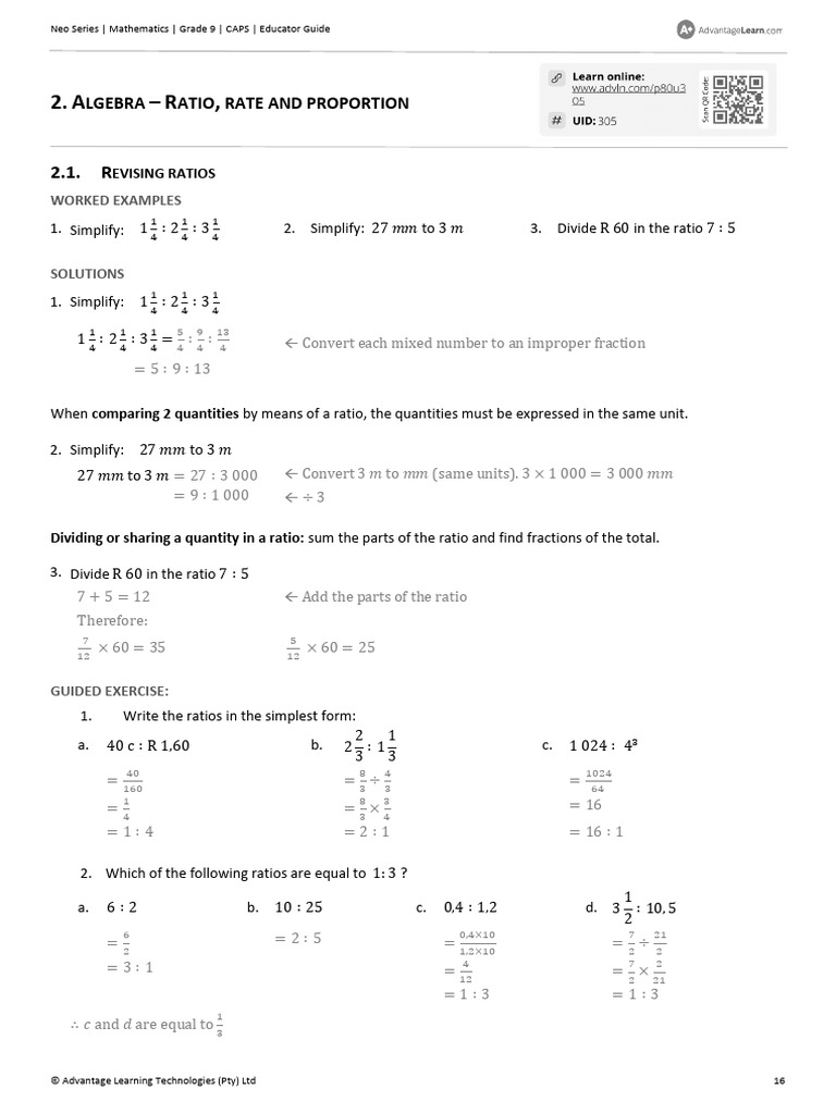 Advantage Learn Neo Series Mathematics Grade 9 Ed3 CAPS Unit 2 Memo ...