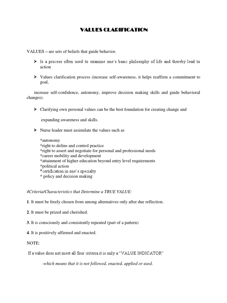 Values Clarification 1 | Value (Personal And Cultural) | Nursing