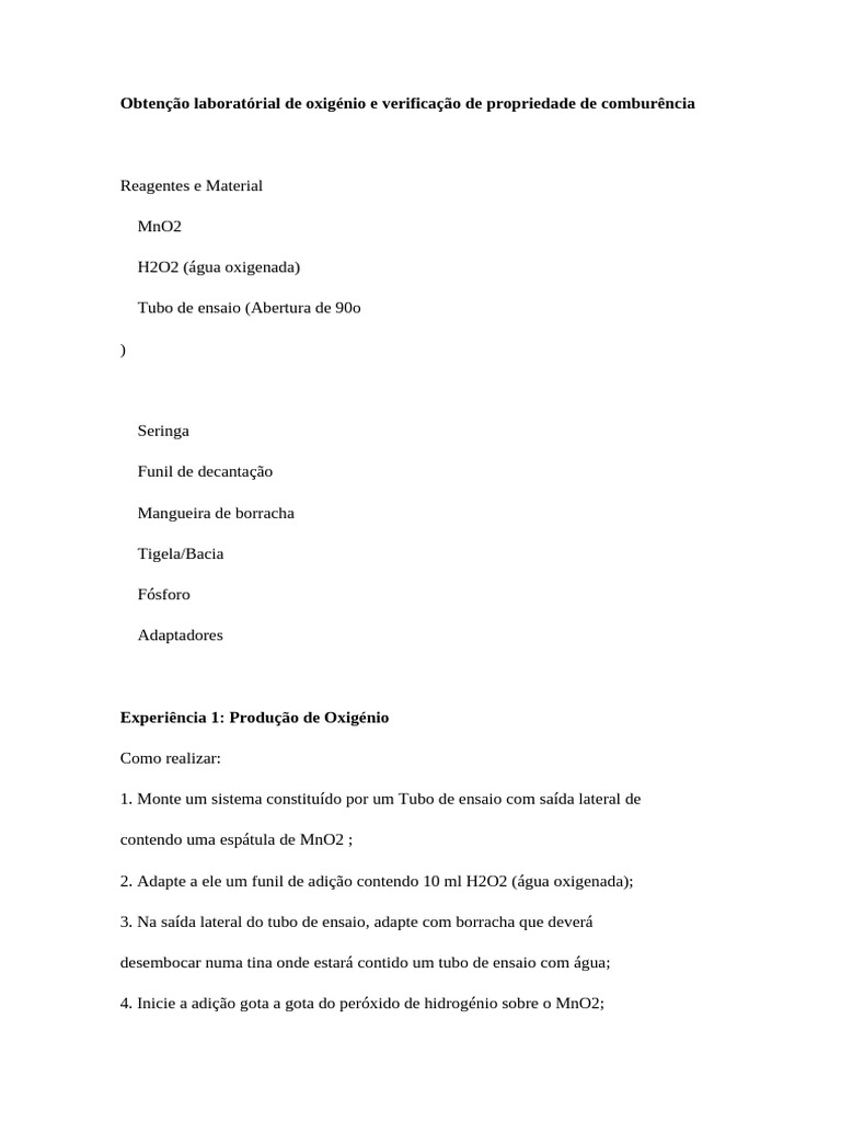 Obtenção laboratórial de oxigénio e verificação de propriedade de ...