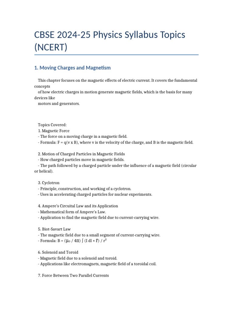 CBSE 2024 25 Physics Syllabus Topics NCERT | PDF | Electromagnetic ...